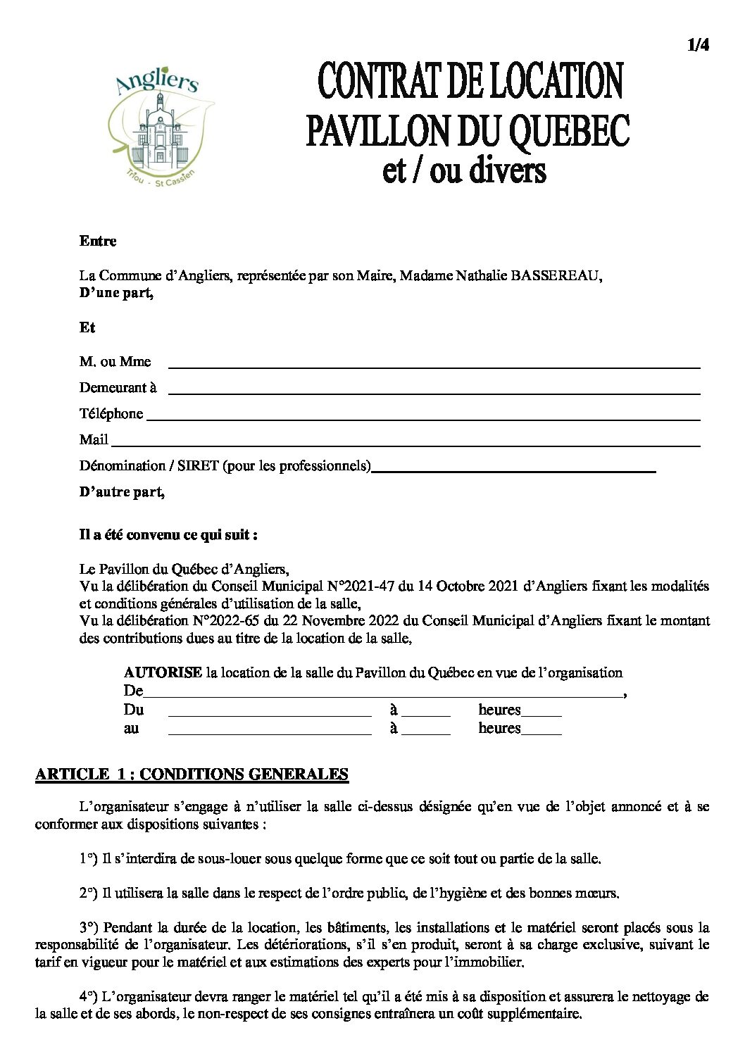CONTRAT DE LOCATION PAVILLON DU QUEBEC 2024 | Angliers